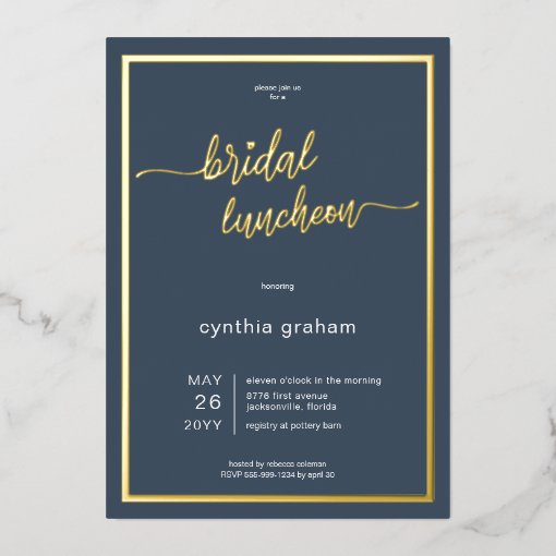Opulent Blue Modern Minimal Bridal Luncheon Foil Invitation | Zazzle