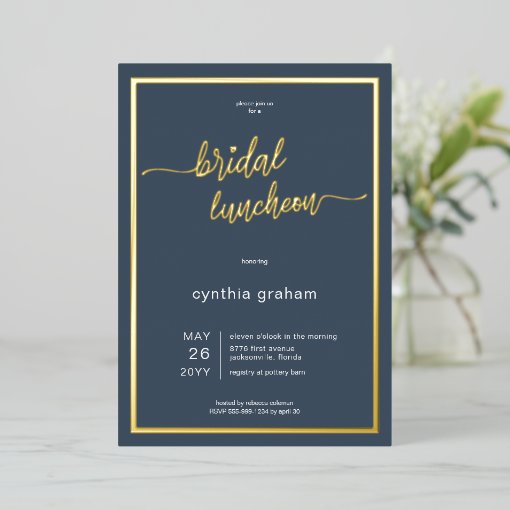 Opulent Blue Modern Minimal Bridal Luncheon Foil Invitation | Zazzle