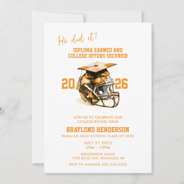 Orange American Football Graduation Party Invitation | Zazzle