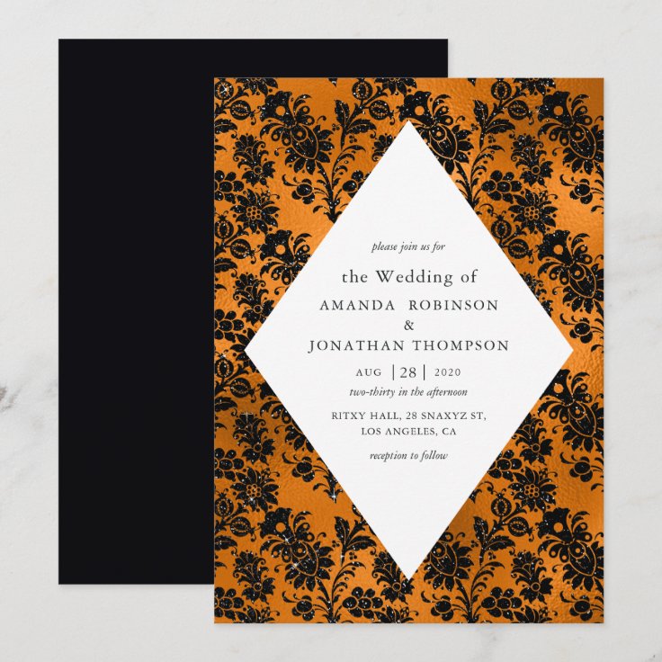 Orange and Black Glam Faux Foil Wedding Invitation | Zazzle