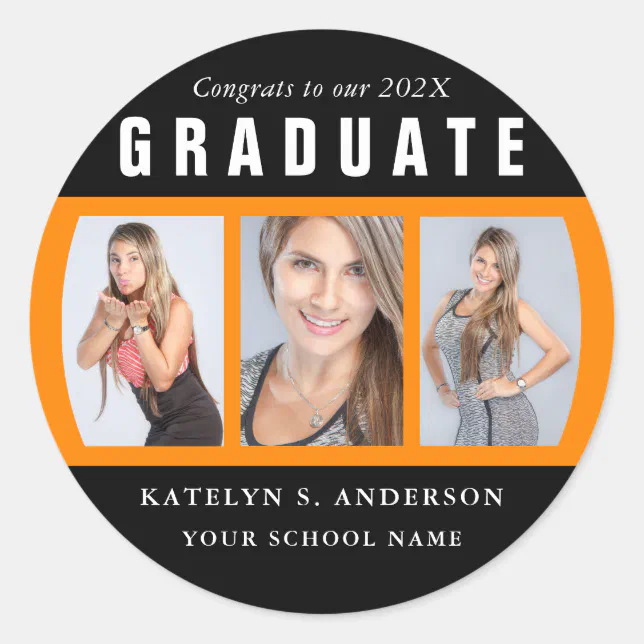 Orange and Black Graduation Photo Collage Classic Round Sticker | Zazzle