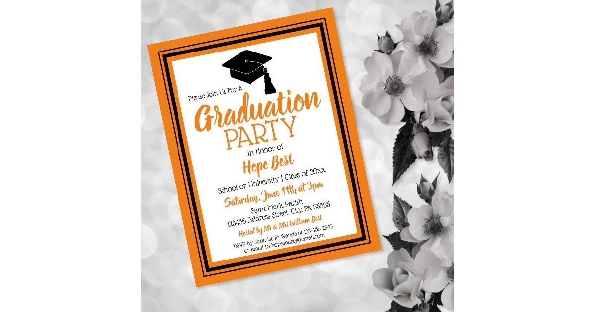 Orange and Black School Colors Grad Party Invitation Postcard | Zazzle