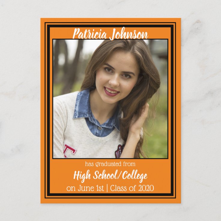 Orange and Black School Colors Photo Graduation Announcement Postcard ...