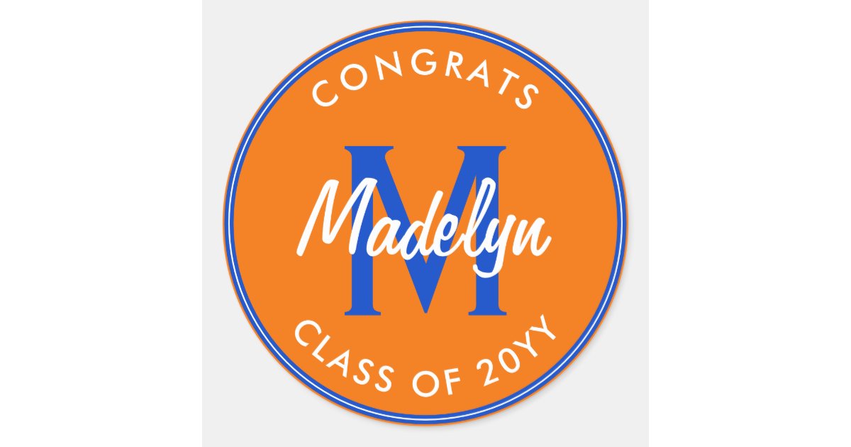 Orange and Blue Custom Graduation Classic Round Sticker | Zazzle