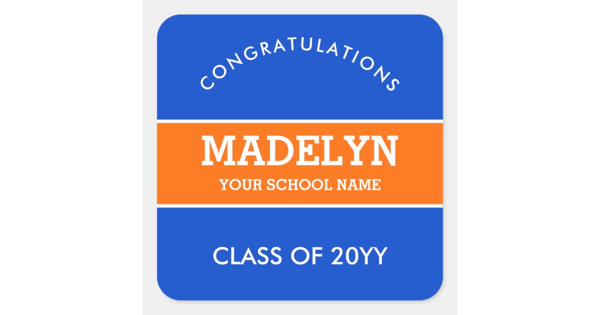 Orange and Blue Custom Graduation Square Sticker | Zazzle