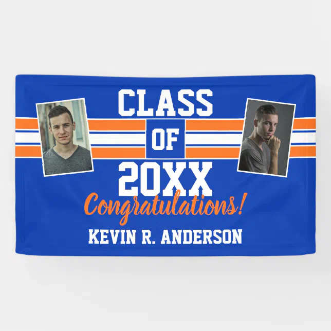 Orange and Blue Graduation Photo Congratulations Banner | Zazzle