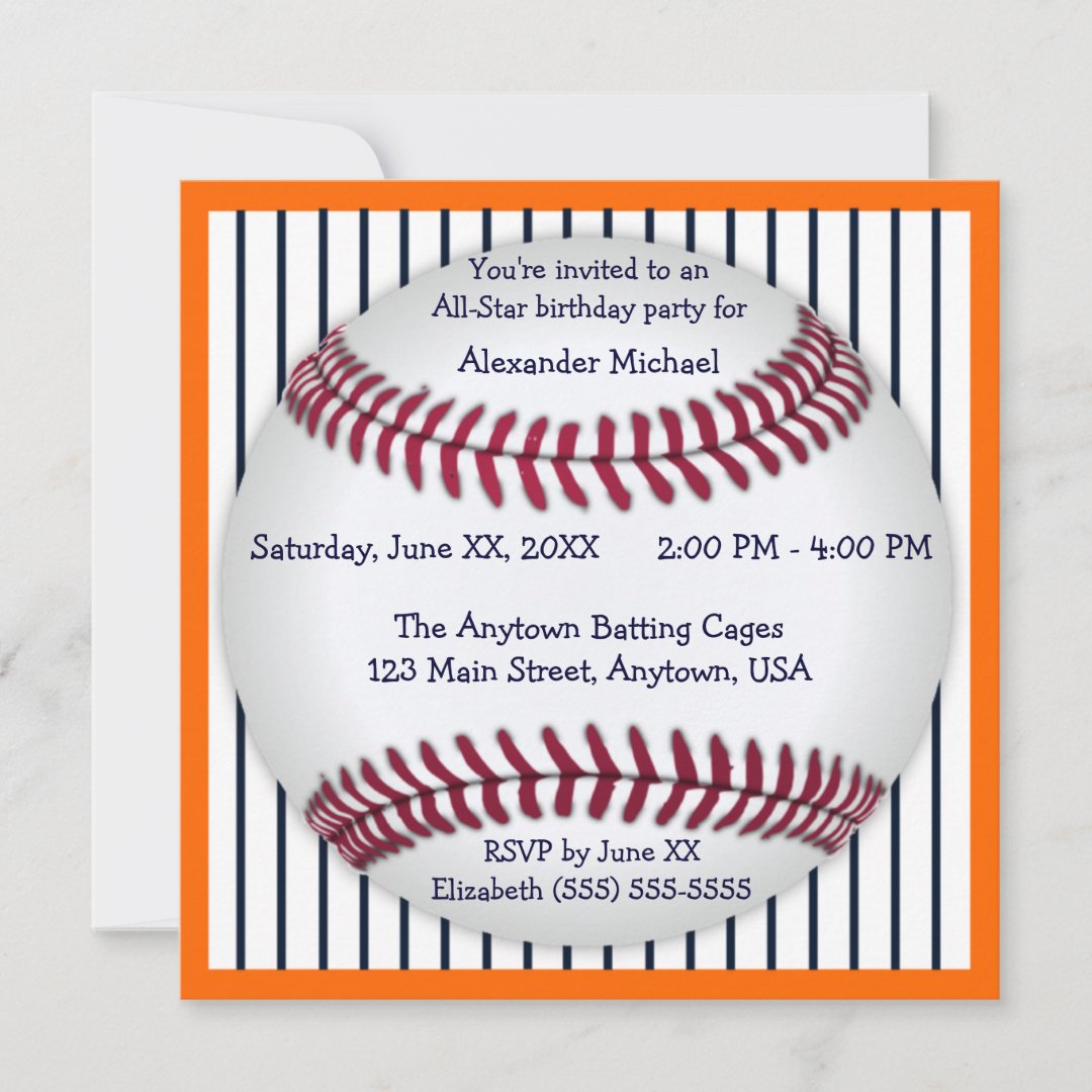 Orange And Blue Pinstripes Baseball Birthday Party Invitation | Zazzle