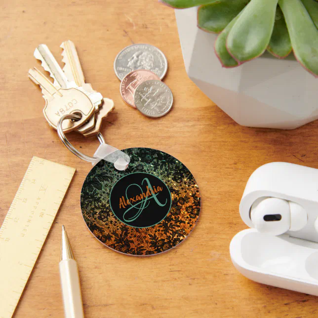 Orange and Green Black Floral Monogram Keychain | Zazzle