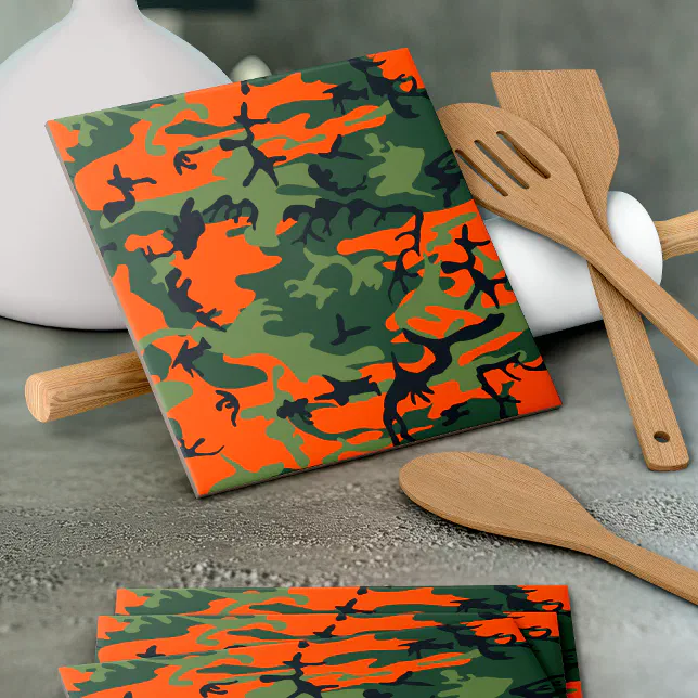 Orange and Green Camouflage, Military, Army Ceramic Tile | Zazzle