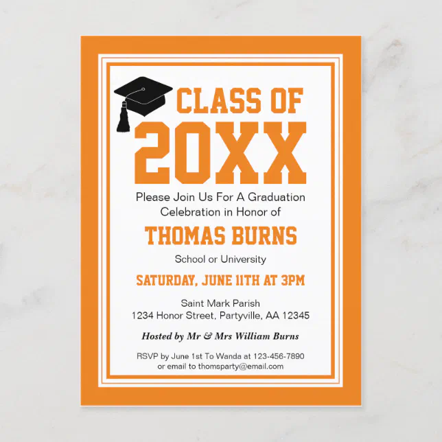Orange and White Graduation Party Invitation Postcard | Zazzle