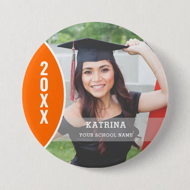 Orange and White Graduation Photo Custom Button | Zazzle