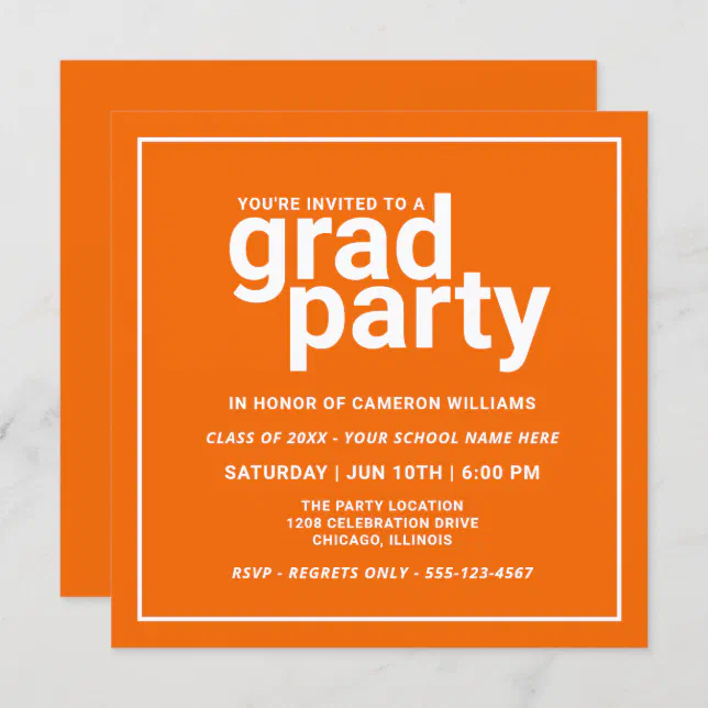 Orange and White Modern Basic Grad Party Invitation | Zazzle