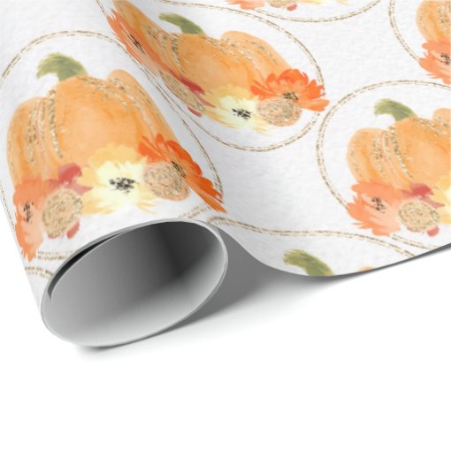 Orange and White Pumpkins in Gold Glittery Circles Wrapping Paper | Zazzle