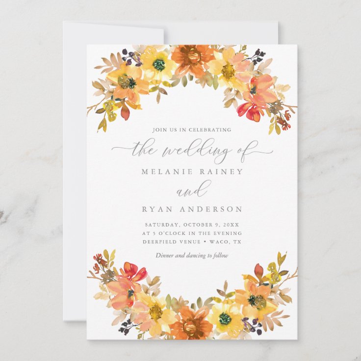 Orange and Yellow Fall Floral Greenery Wedding Invitation | Zazzle