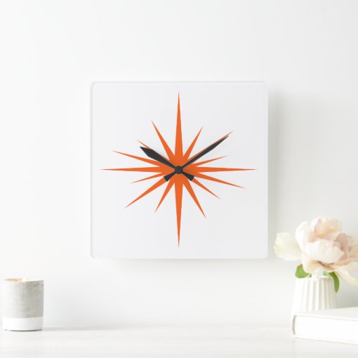 Orange Atomic Starburst Mid Century Modern Square Wall Clock | Zazzle