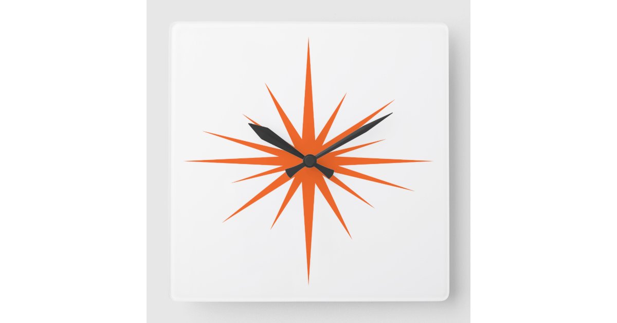 Orange Atomic Starburst Mid Century Modern Square Wall Clock | Zazzle