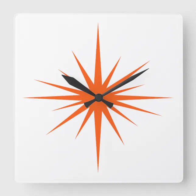 Orange Atomic Starburst Mid Century Modern Square Wall Clock | Zazzle