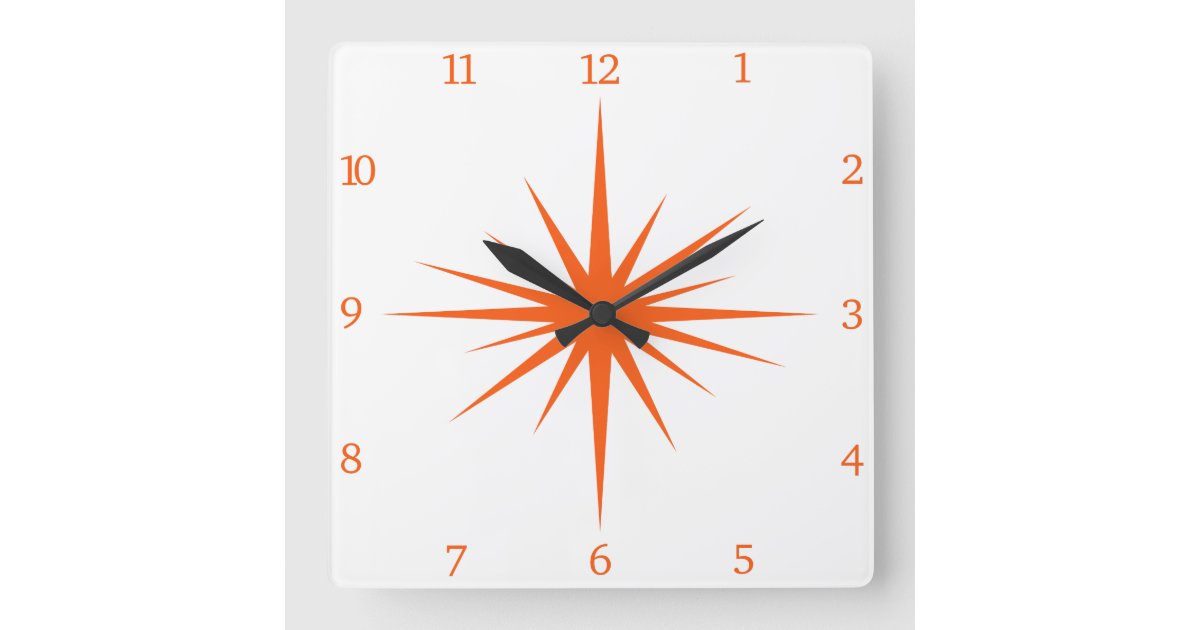 Orange Atomic Starburst Numbers Mid Century Square Wall Clock | Zazzle