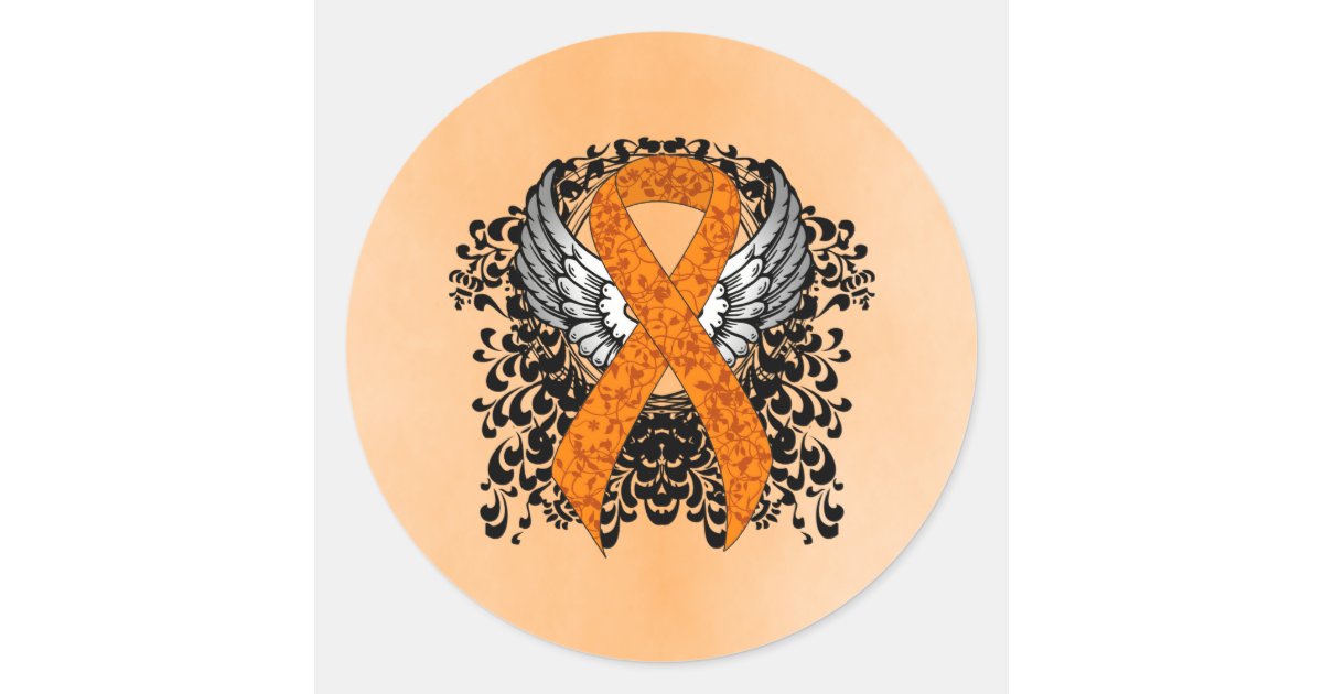 Orange Awareness Ribbon with Wings Classic Round Sticker | Zazzle