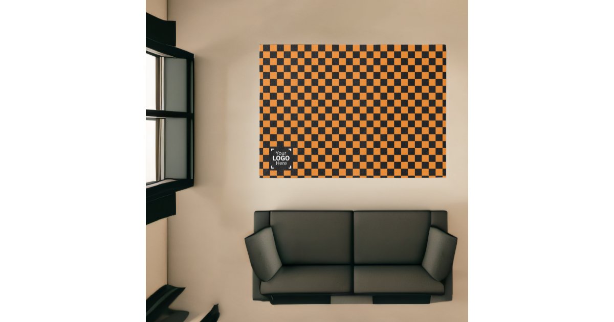 Orange / Black Chessboard Checks: Custom Logo Rug | Zazzle