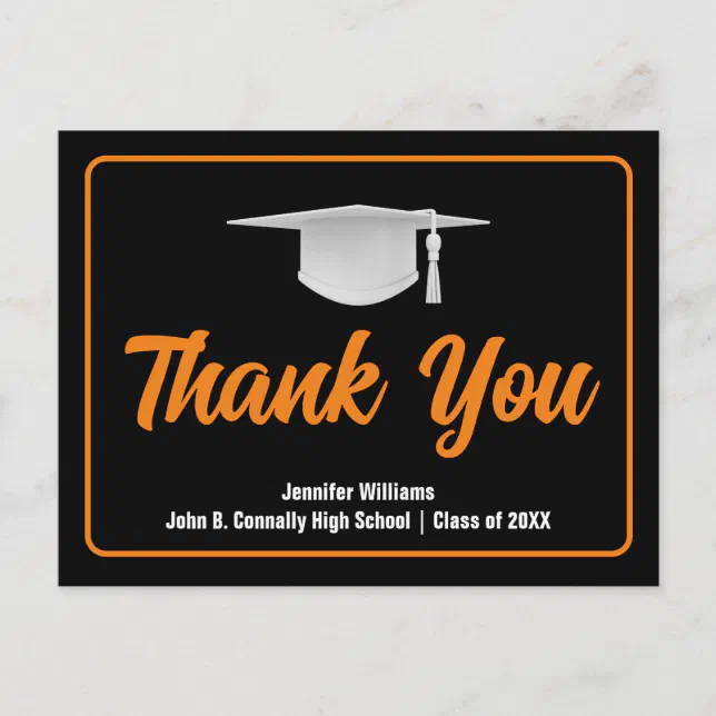 Orange Black Graduation Custom Graduate Thank You Postcard | Zazzle