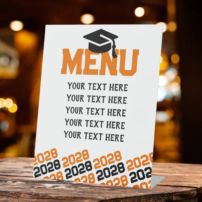 Orange & Black Graduation Menu Party Pedestal Sign | Zazzle