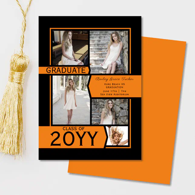 Orange & Black Photo Collage Class of Graduation Announcement | Zazzle