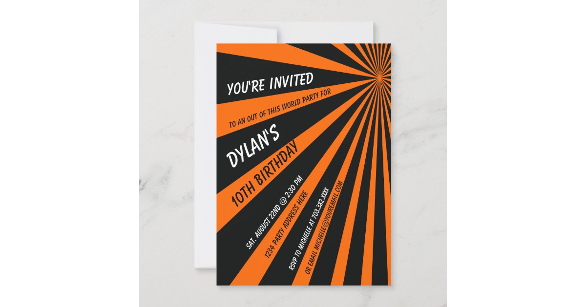 Orange Black Sun Beams Birthday Party Invitation | Zazzle
