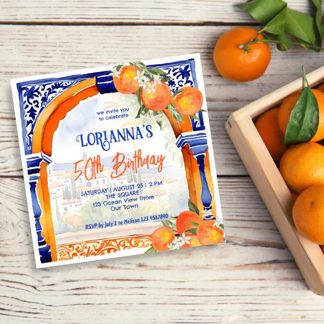 Orange blue azulejo Spanish themed birthday Invitation | Zazzle