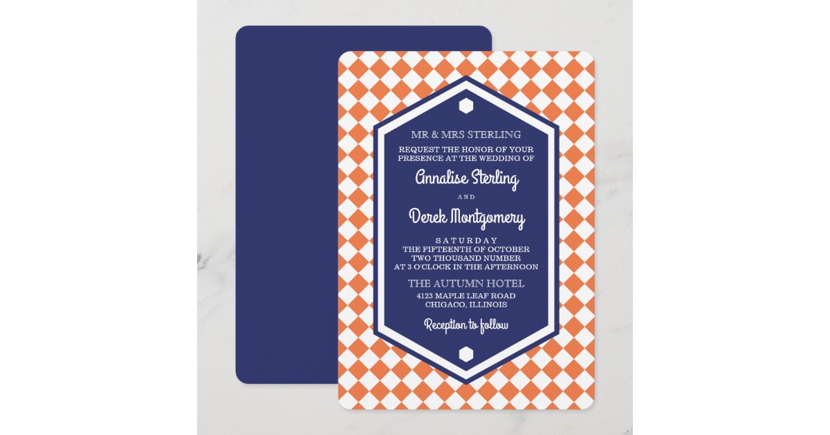 Orange & Blue | Checkered Wedding Invitation | Zazzle