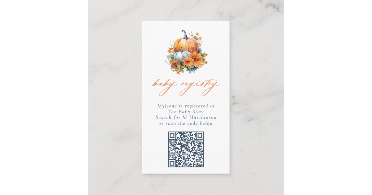 Orange & Blue Floral Pumpkin QR Code Baby Registry Enclosure Card | Zazzle