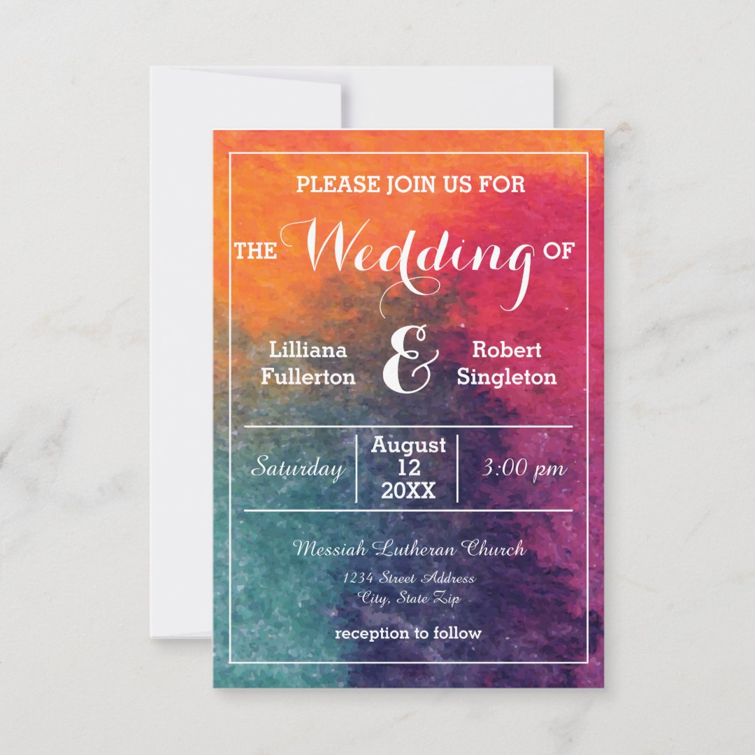 Orange Blue Pink Watercolor-3x5 Wedding Invitation | Zazzle
