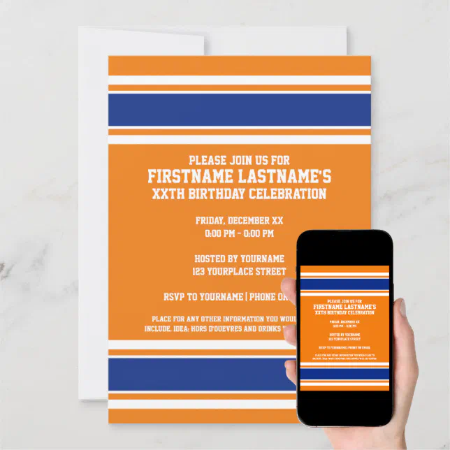 Orange Blue Sports Jersey Birthday party Invitation | Zazzle