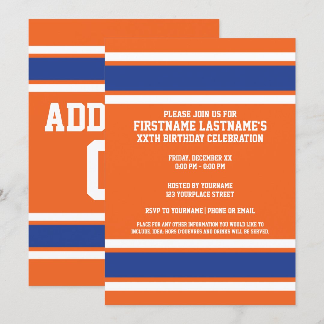 Orange Blue Sports Jersey Birthday party Invitation | Zazzle