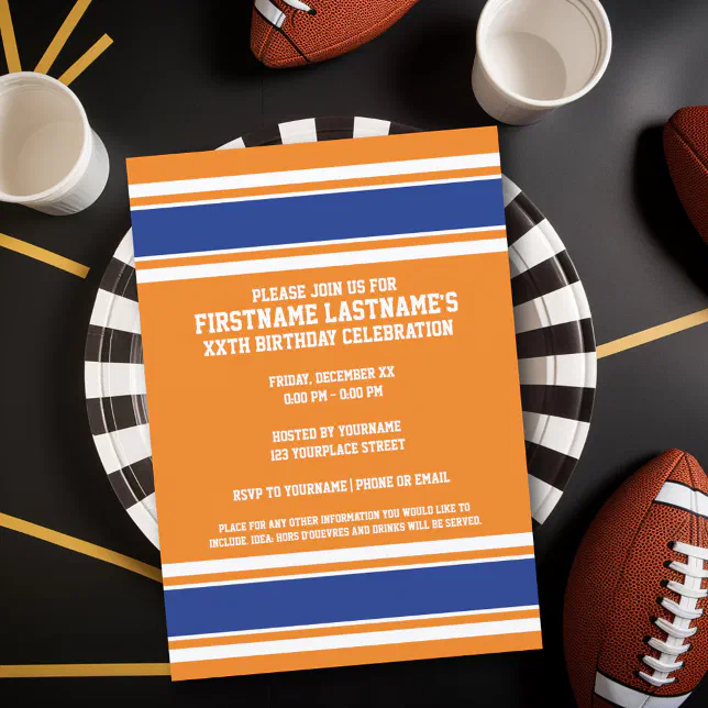 Orange Blue Sports Jersey Birthday party Invitation | Zazzle