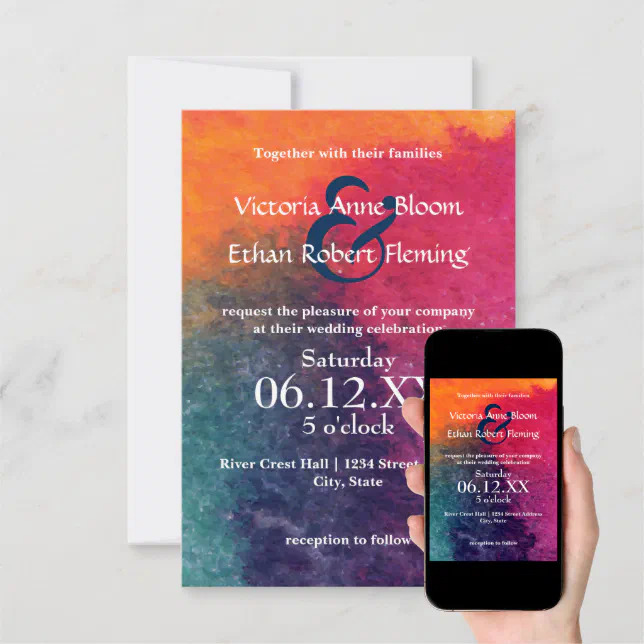 Orange Blue Watercolor - 3x5 Wedding Invitation | Zazzle