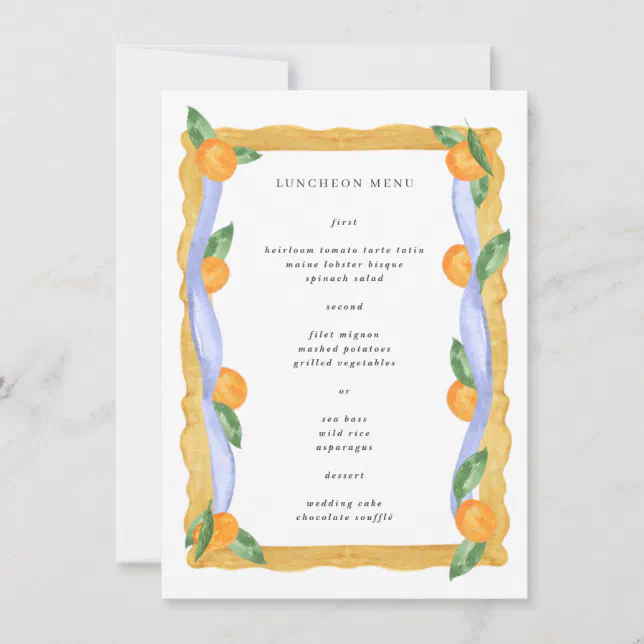 Orange Blue White Chinoiserie Luncheon Menu Card | Zazzle