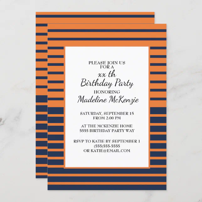 Orange Blue White Striped Birthday Party Invite | Zazzle