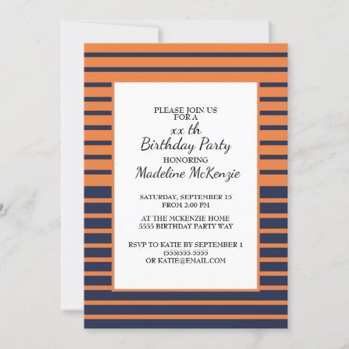 Orange Blue White Striped Birthday Party Invite | Zazzle