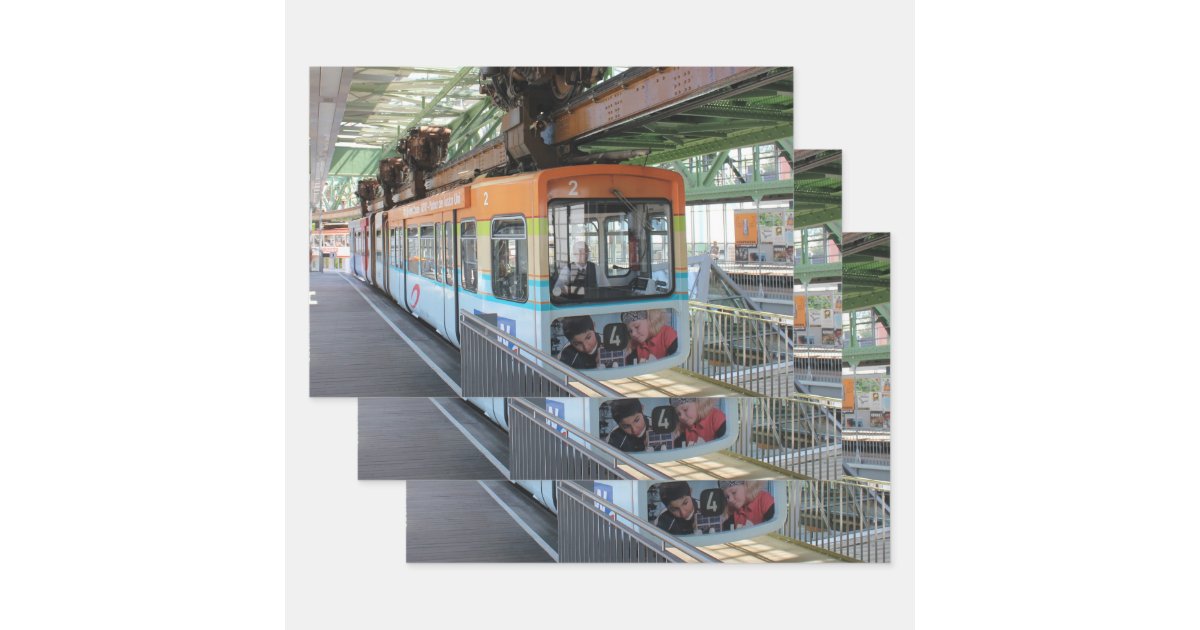 Orange Blue Wuppertal Floating Train Wrapping Paper Sheets | Zazzle