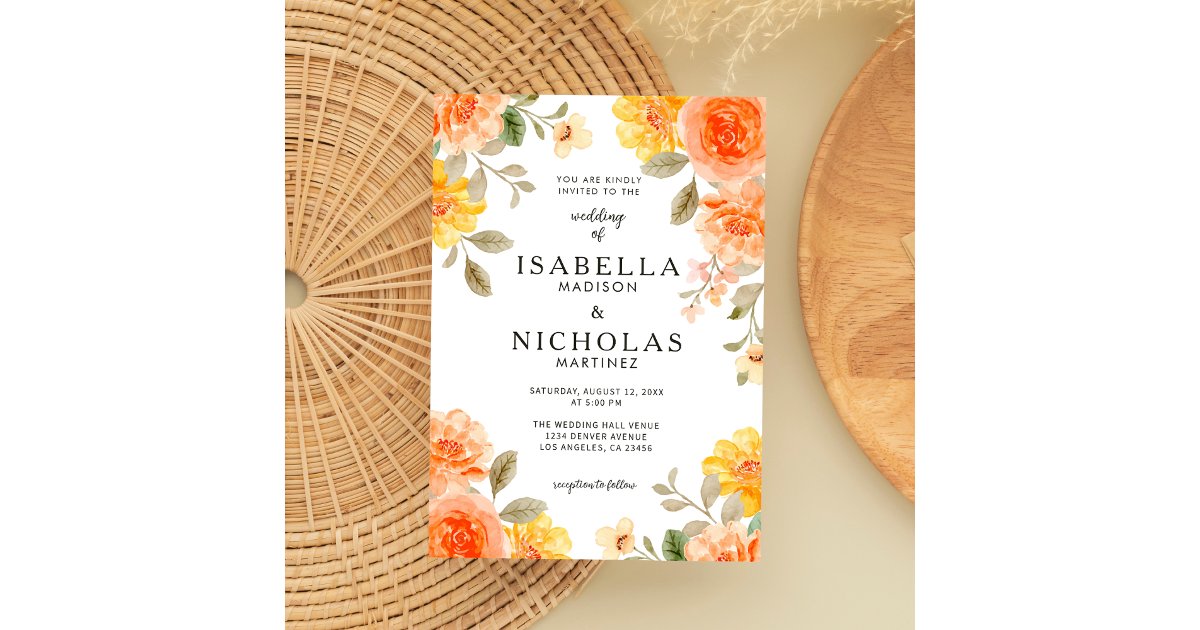 Orange Bold Bright Color Floral Wedding Invitation | Zazzle