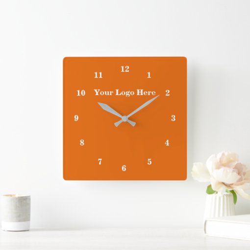 Orange Color - Customizable - Add Your Logo / Text Square Wall Clock ...