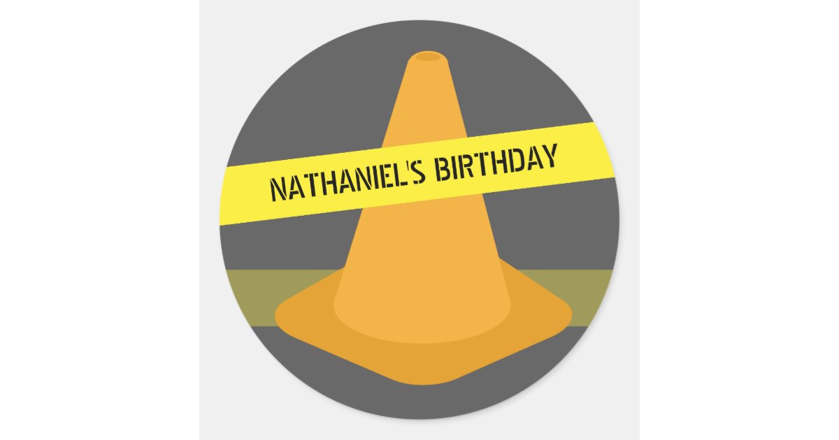 Orange Cone & Caution Tape Construction Birthday Classic Round Sticker ...