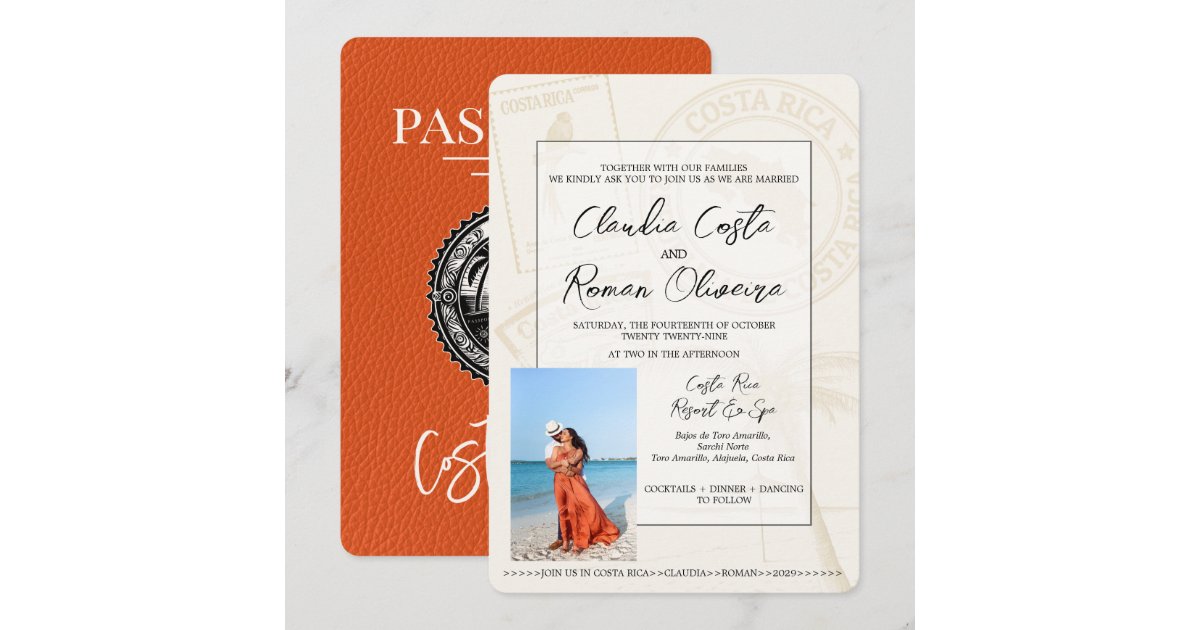 Orange Costa Rica Passport Wedding Invitation | Zazzle