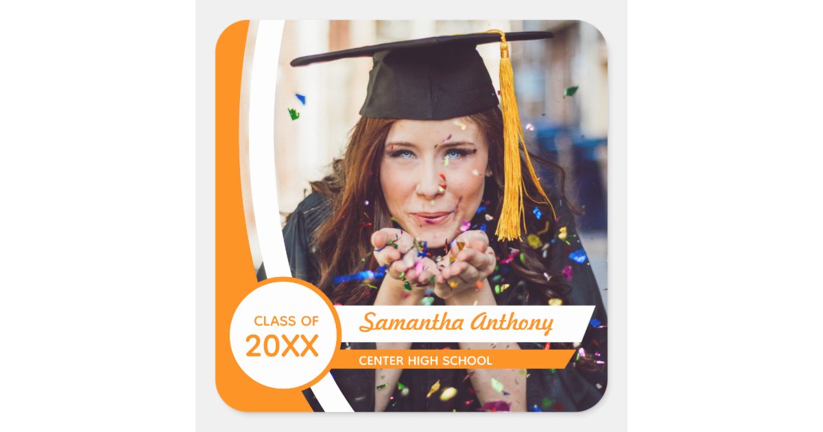 Orange Curved Frame Photo Graduation Square Sticker | Zazzle