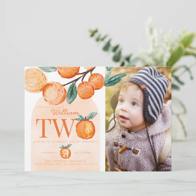 Orange Cutie turning TWO 2nd Birthday Party Photo Invitation | Zazzle
