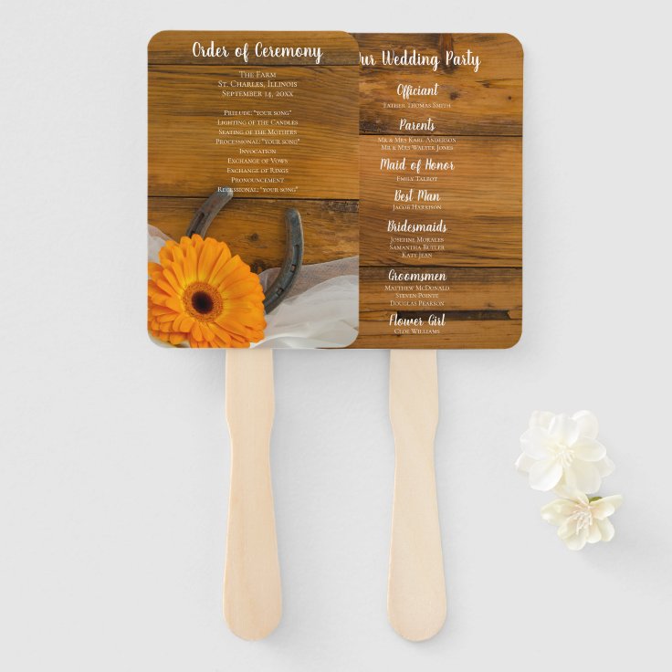 Orange Daisy and Horseshoe Country Western Wedding Hand Fan | Zazzle