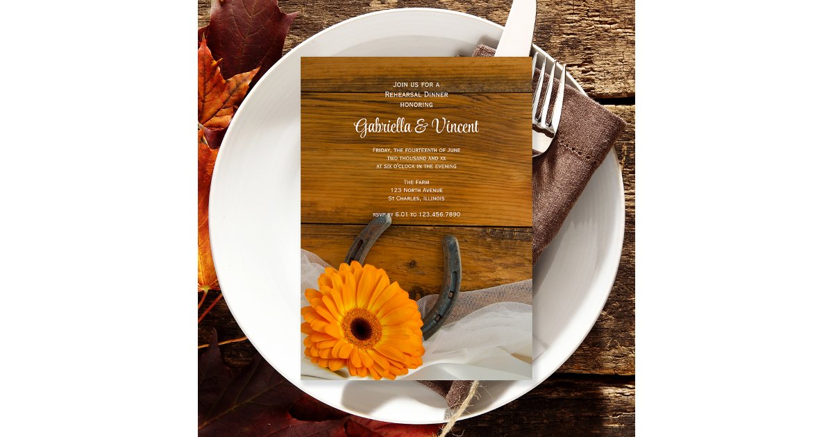 Orange Daisy Horseshoe Western Rehearsal Dinner Invitation | Zazzle