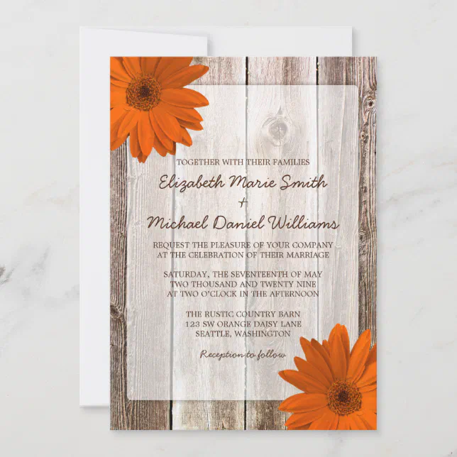 Orange Daisy Rustic Barn Wood Wedding Invitation | Zazzle
