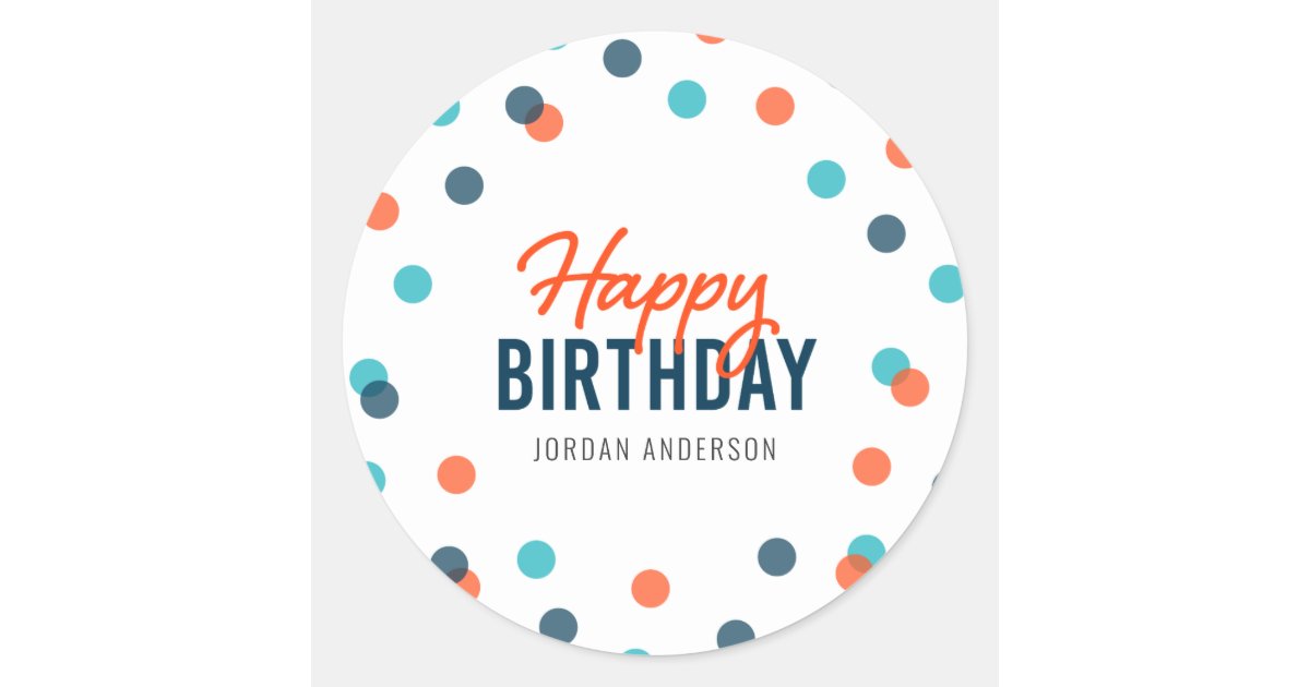Orange Dark Blue Confetti Happy Birthday Classic Round Sticker | Zazzle